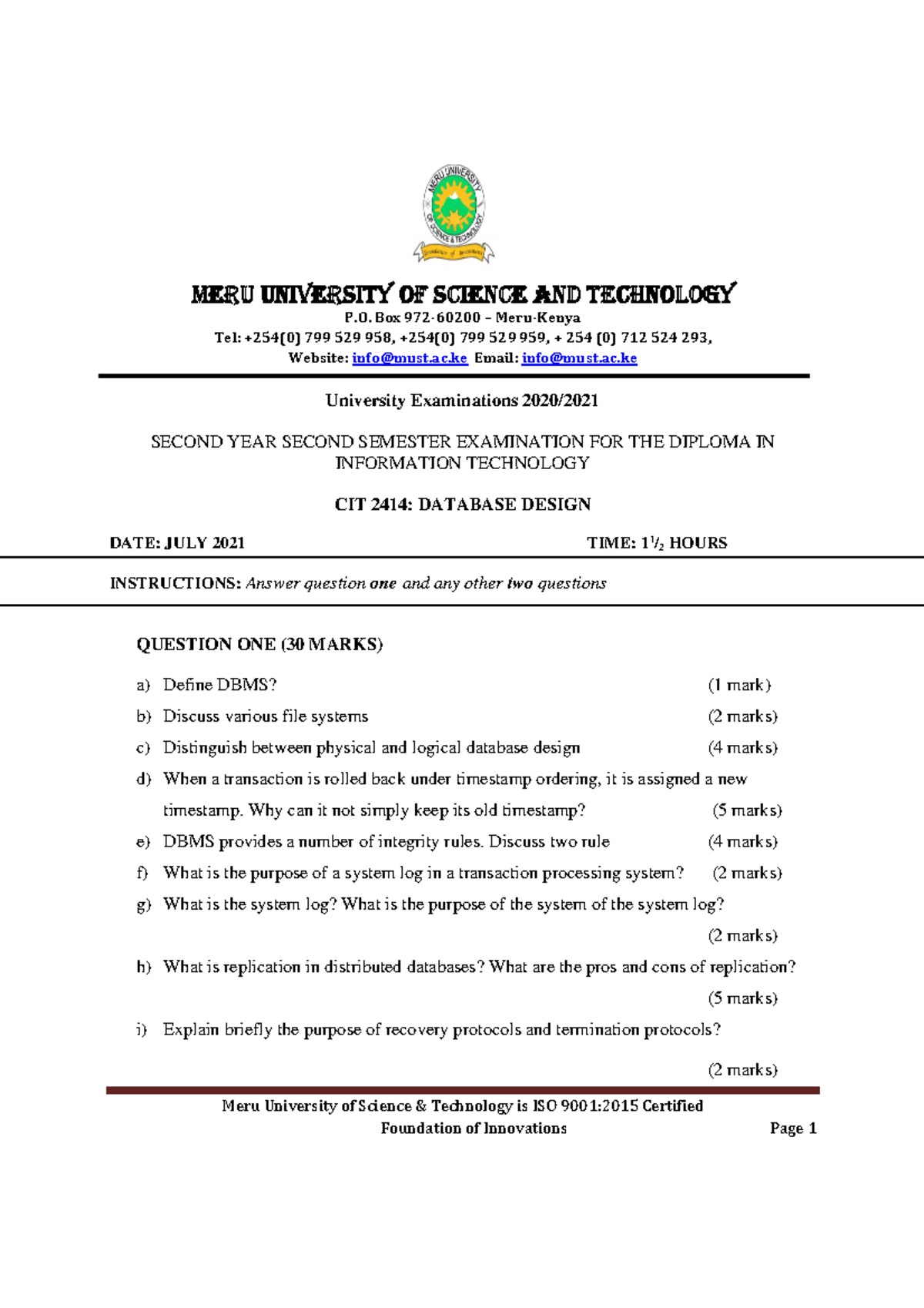CIT 2414 Database Design 2 - Meru University of Science & Technology is ISO 9001:2015 Certified ...