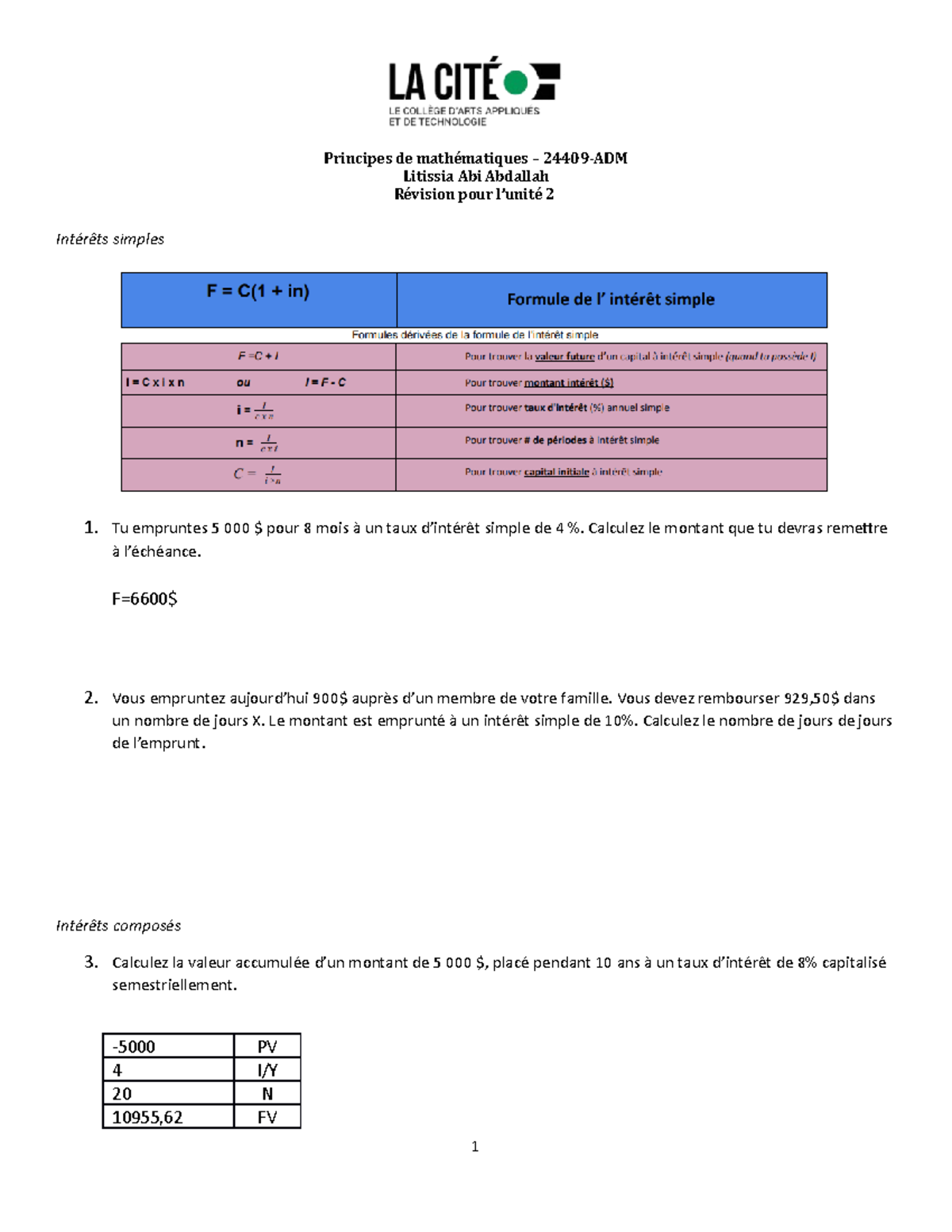 Cours 8 - Principes de mathématiques – 24409-ADM Litissia Abi Abdallah Révision pour l’unité 2 ...