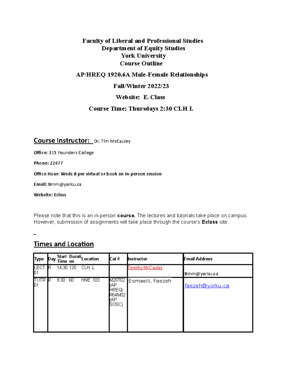 Male female relationships course outline Fall Winter 2022-23 a ...