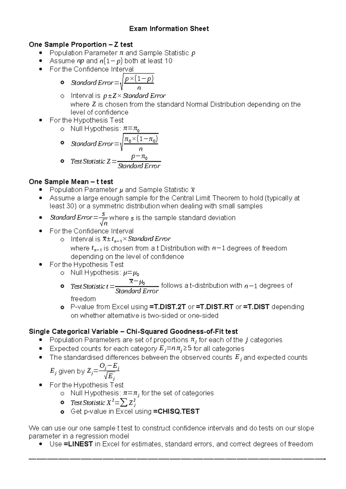 Exam Formula sheet - Exam Information Sheet One Sample Proportion – Z ...