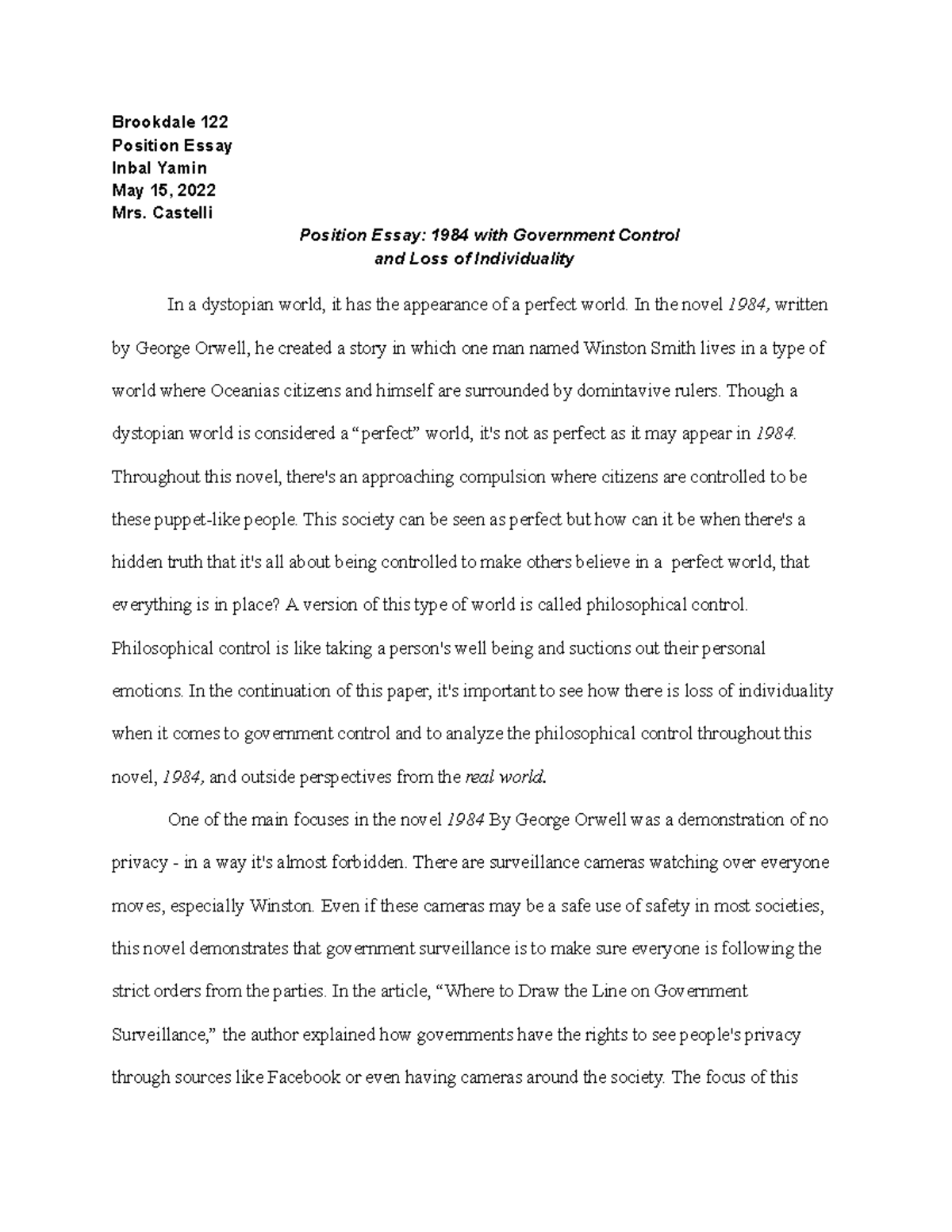 Position Essay 1984 with Government Control and Loss of Individuality ...