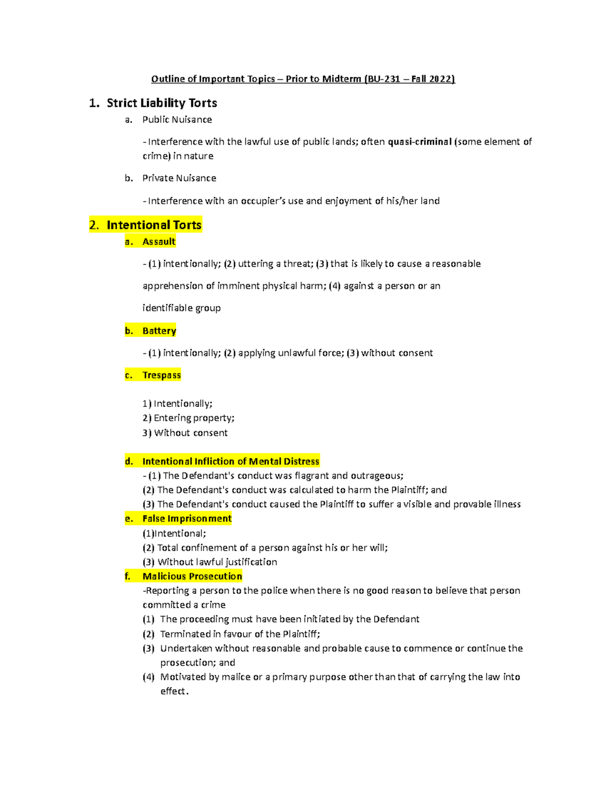Midterm Outline answers - Outline of Important Topics – Prior to Midterm (BU-231 – Fall 2022) 1 ...