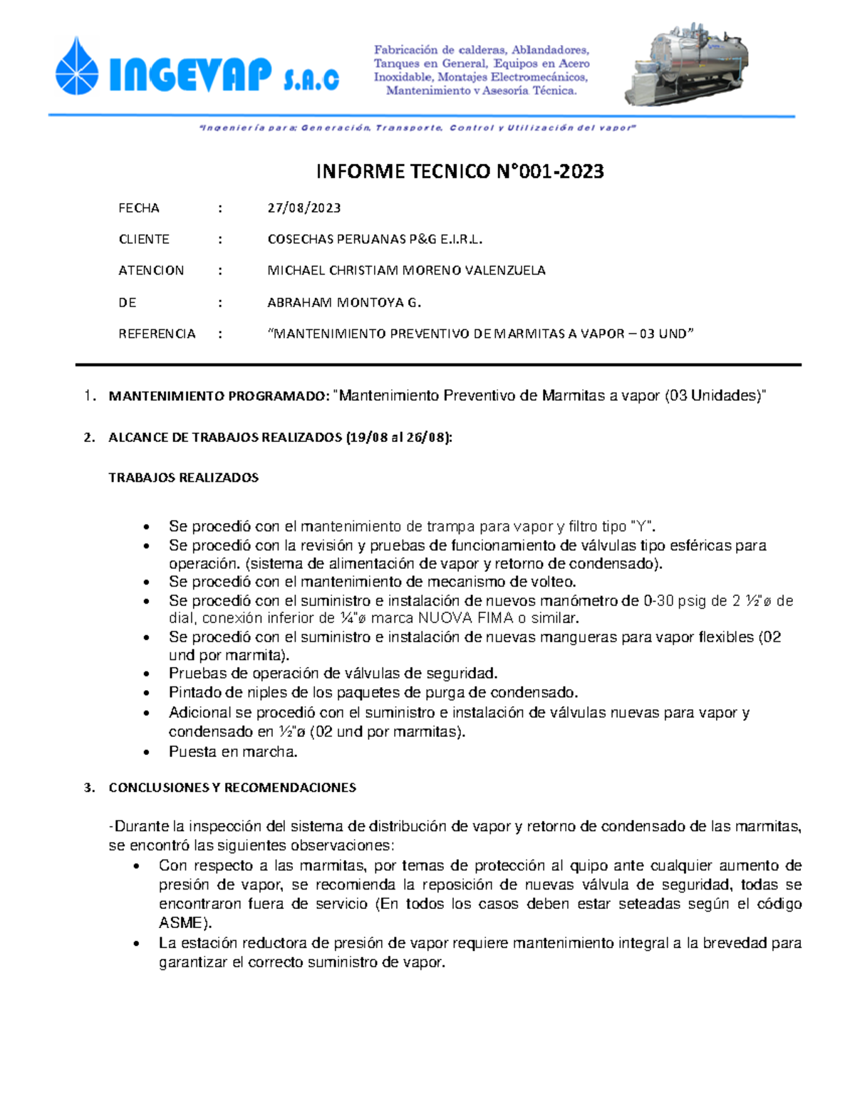 Informe Tecnico N°001-2023 Cosechas Peruanas - INFORME TECNICO N°001- FECHA : 27/08/ CLIENTE ...