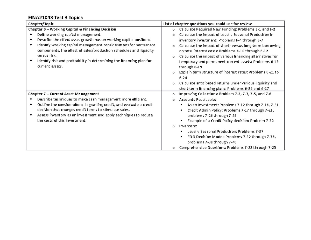 CF1A Test 3 Review Topics - FINA21048 Test 3 Topics Chapter/Topic List ...