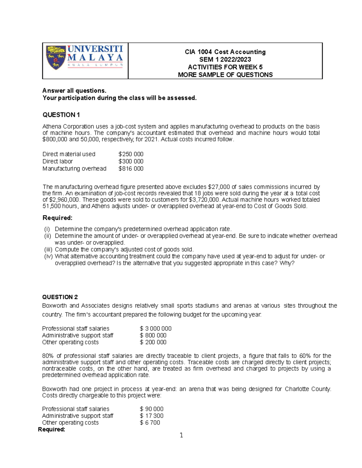 WK5 - JOC exercise 1 - QUESTIONS - CIA 1004 Cost Accounting SEM 1 2022 ...