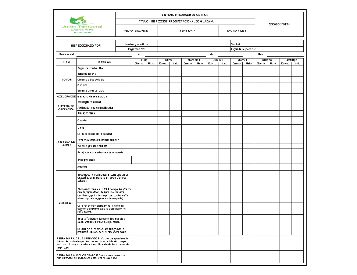 preoperacional guadaña - SISTEMA INTEGRADO DE GESTION CODIGO: FGP ...