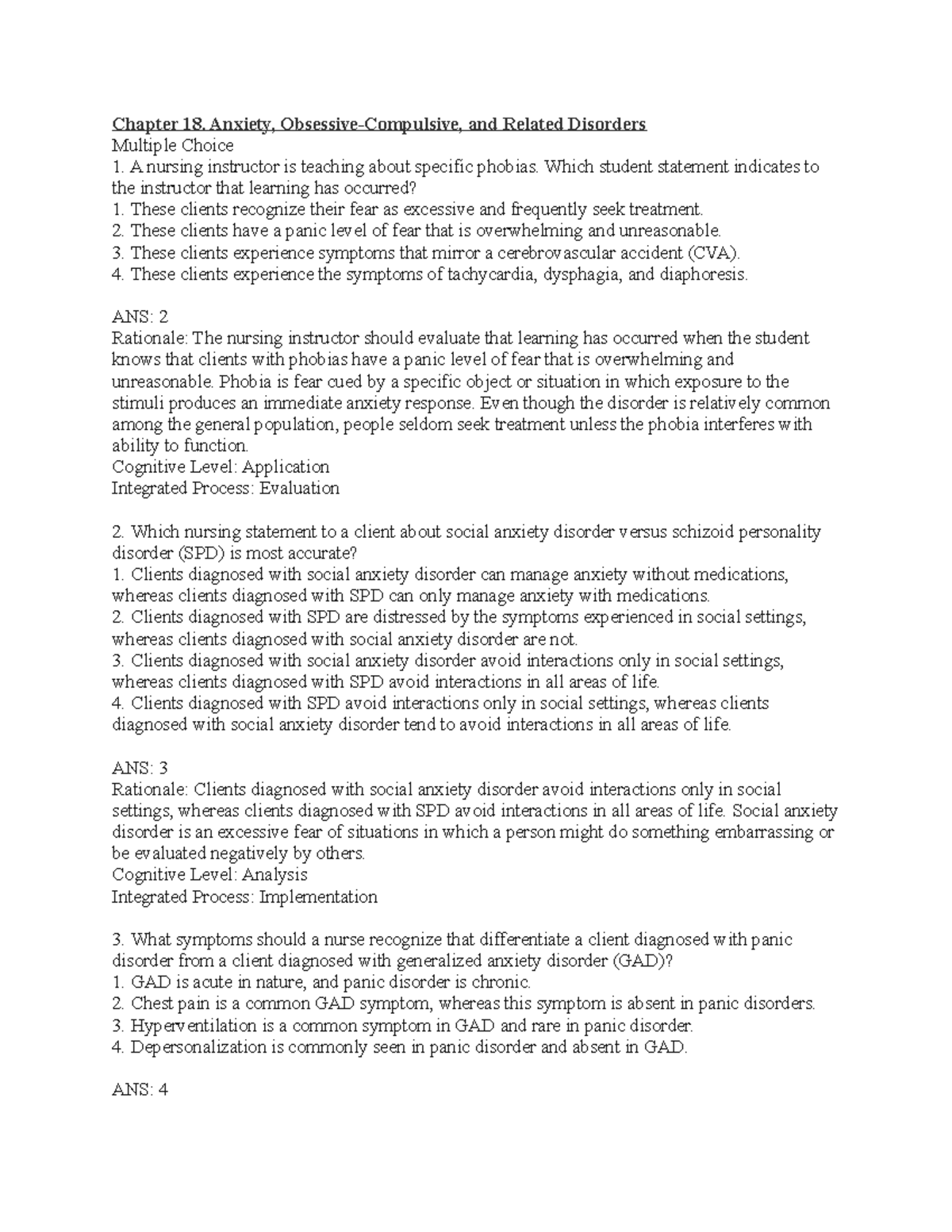 Chapter 18 Anxiety - Test bank example questions for review - Chapter ...