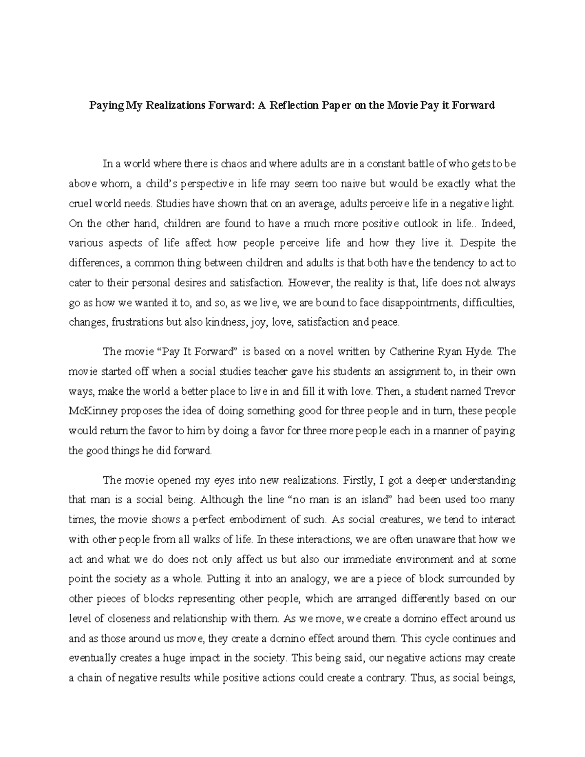 Reflection paper - pay it forward movie - Paying My Realizations ...