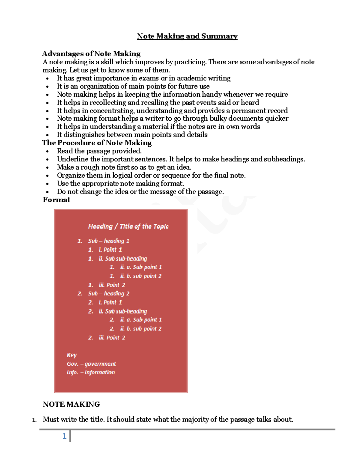 Note Making and Summary - Note Making and Summary Advantages of Note ...