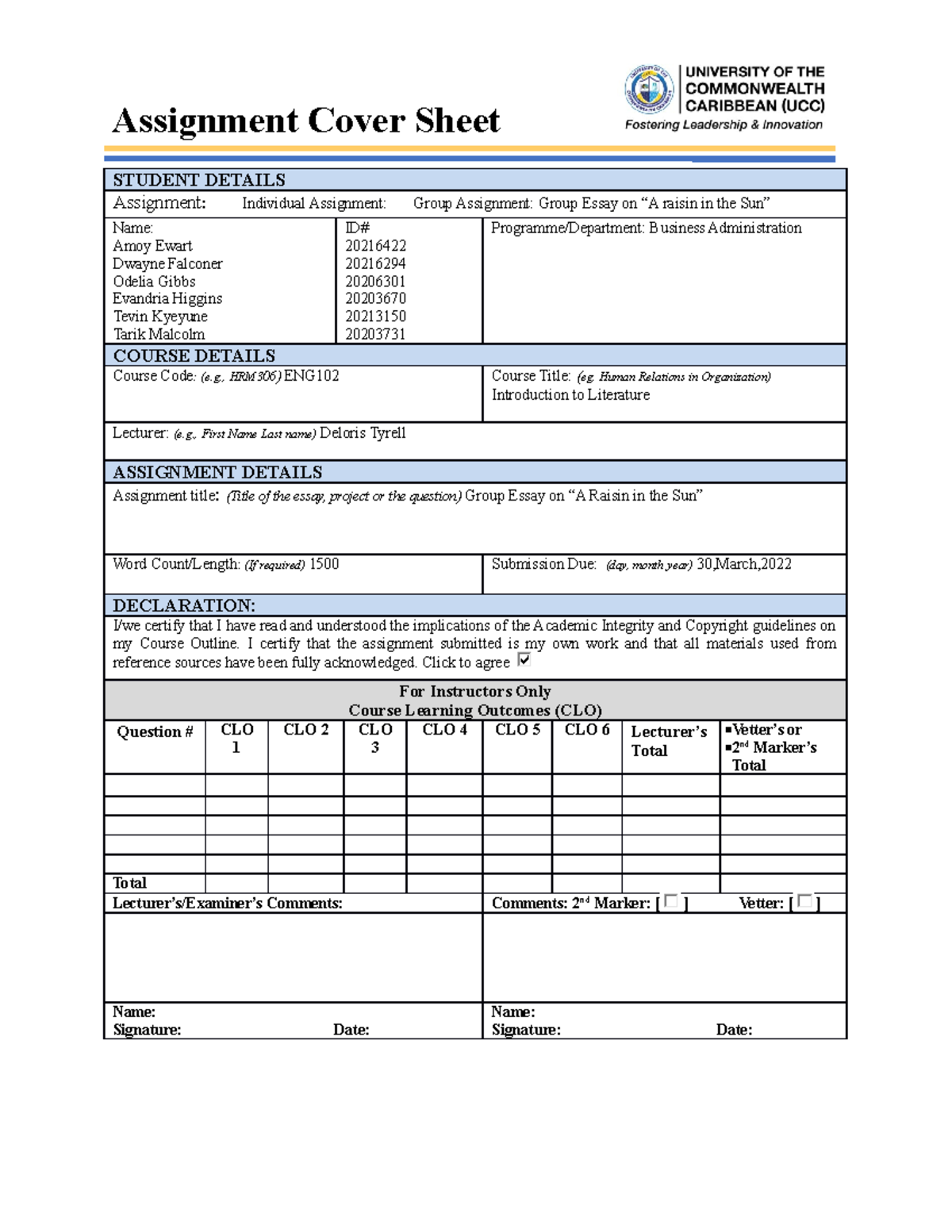Group Essay on A Raisin in the Sun - Assignment Cover Sheet STUDENT ...