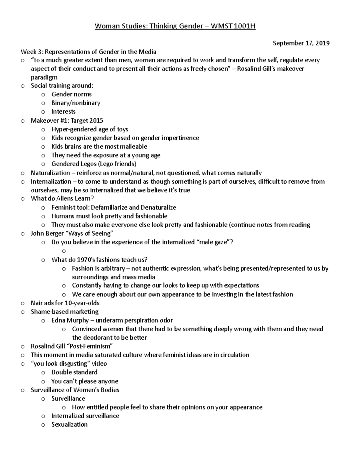 Notes - Woman Studies: Thinking Gender – WMST 1001H September 17, 2019 ...