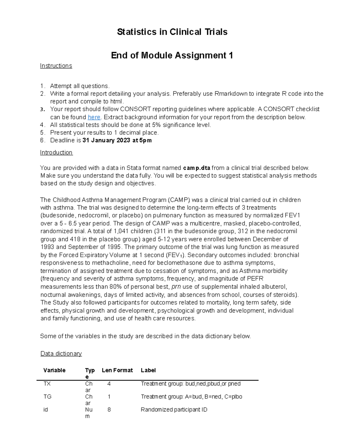 Stats clinical trials assignment - Statistics in Clinical Trials End of ...