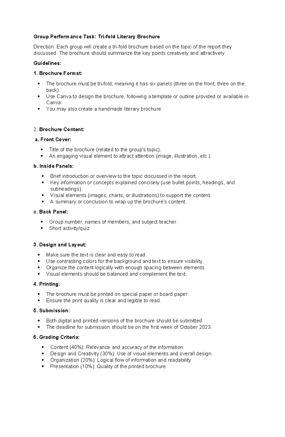 Literary Brochure Guidelines - Group Performance Task: Tri-fold ...
