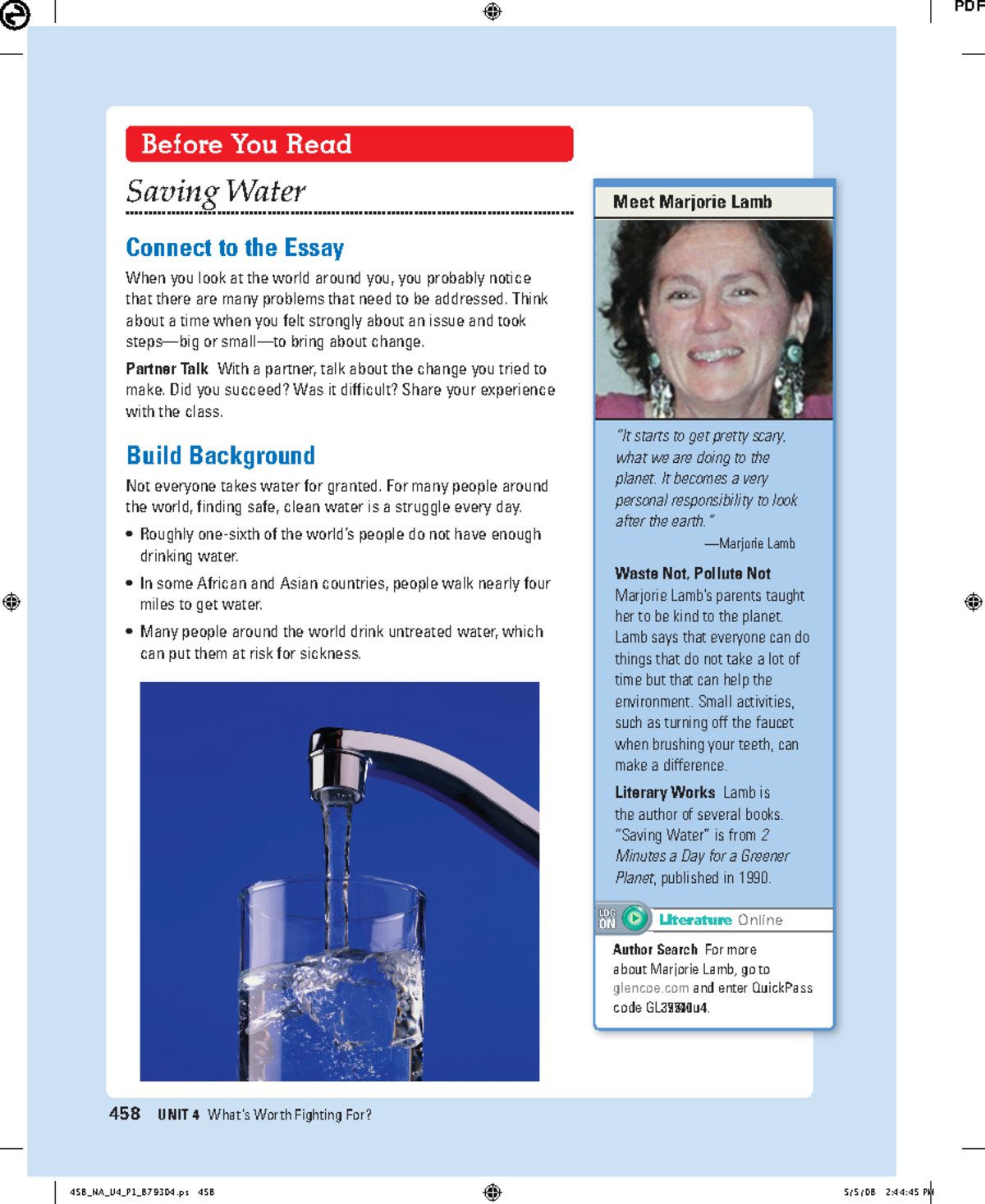 Saving Water - Before You Read Saving Water Connect to the Essay When ...