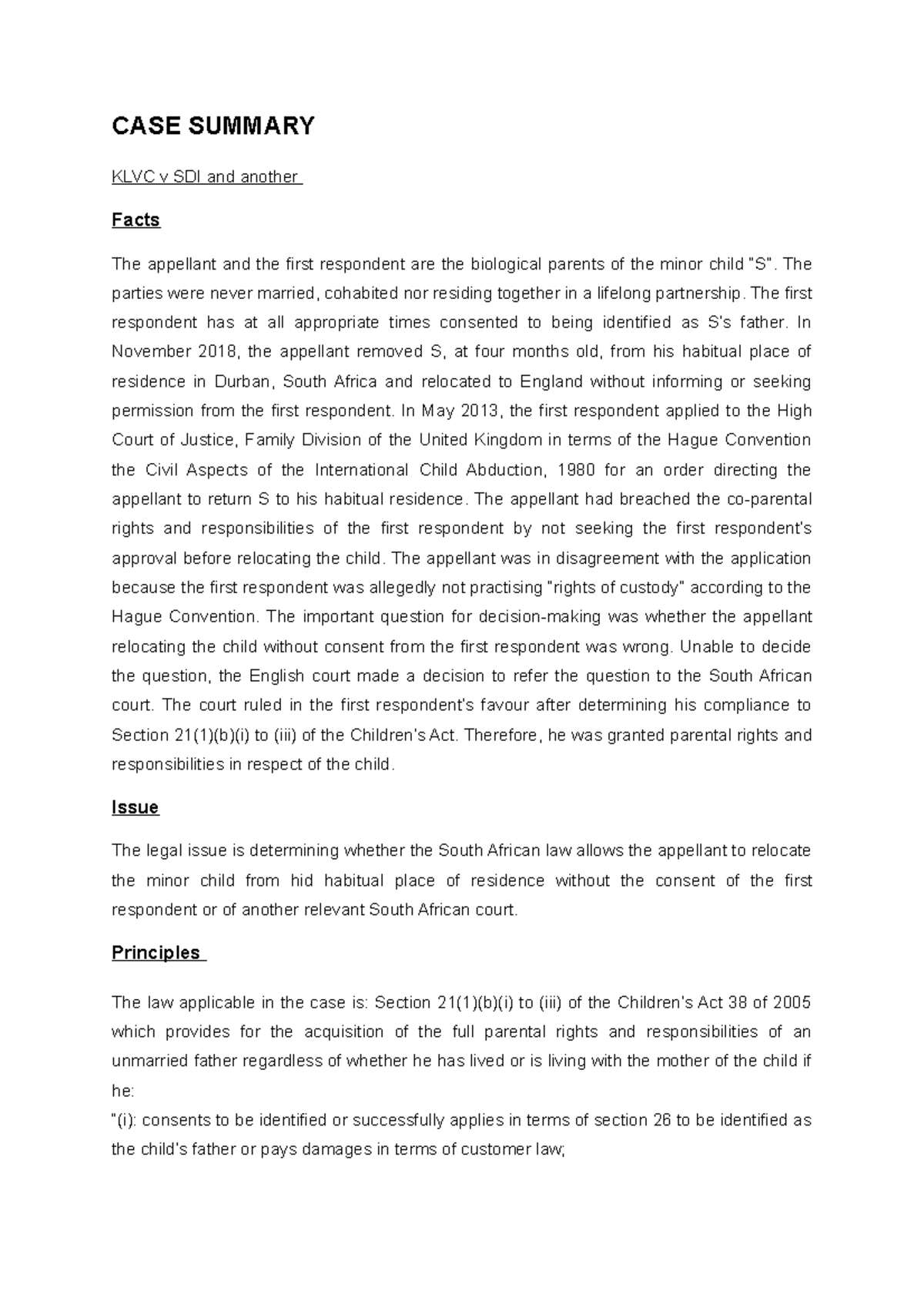 Case Summary (KLVC v SDI and another) - Wits University - Studocu