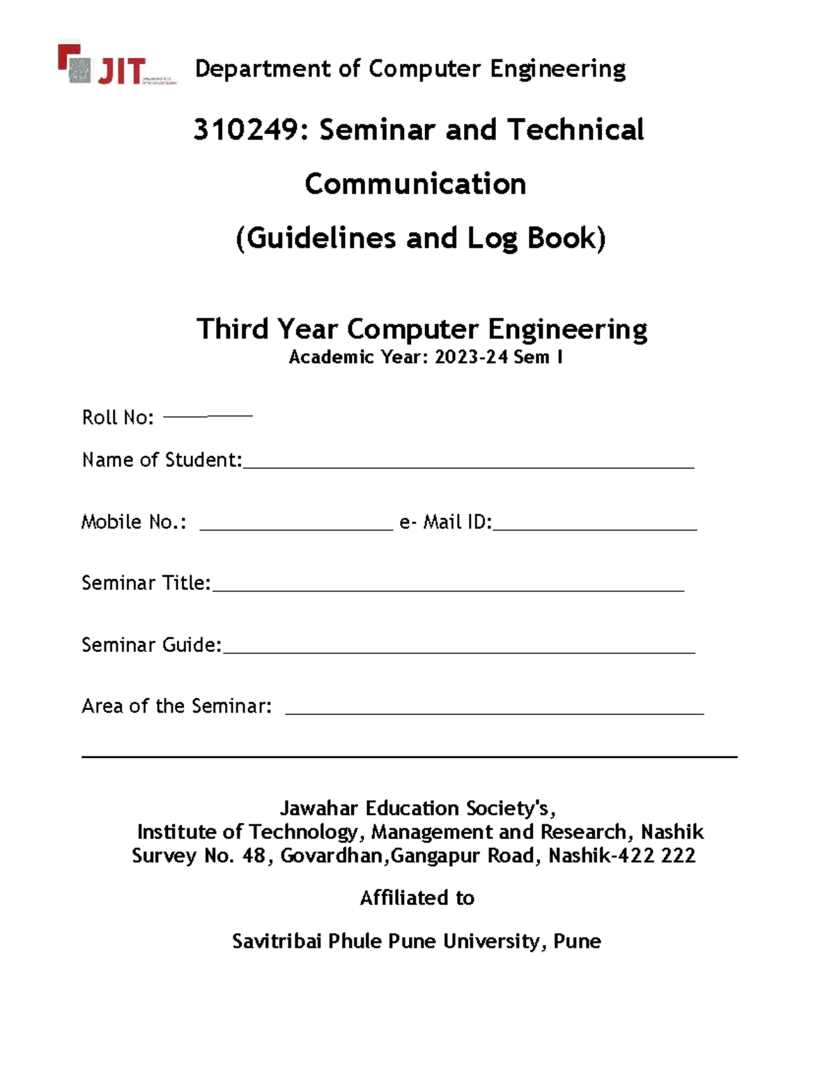 Final log book for seminar - Department of Computer Engineering 310249 ...
