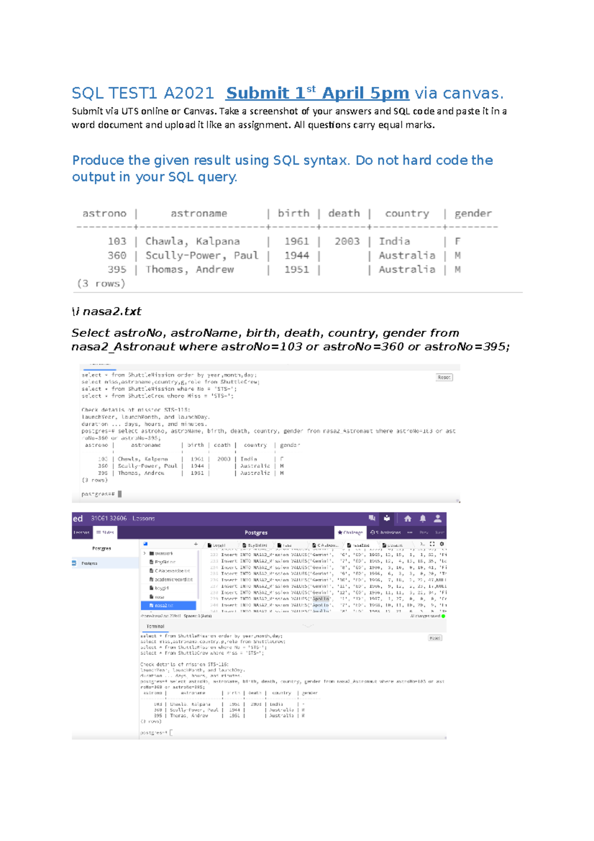 Sql Test1 Sql 1 Sql Test1 A2021 Submit 1 St April 5pm Via Canvas Submit Via Uts Online Or