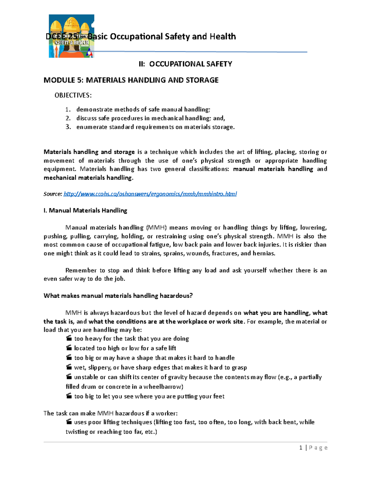 Bosh Module 5 - HOUSEKEEPING - II: OCCUPATIONAL SAFETY MODULE 5 ...