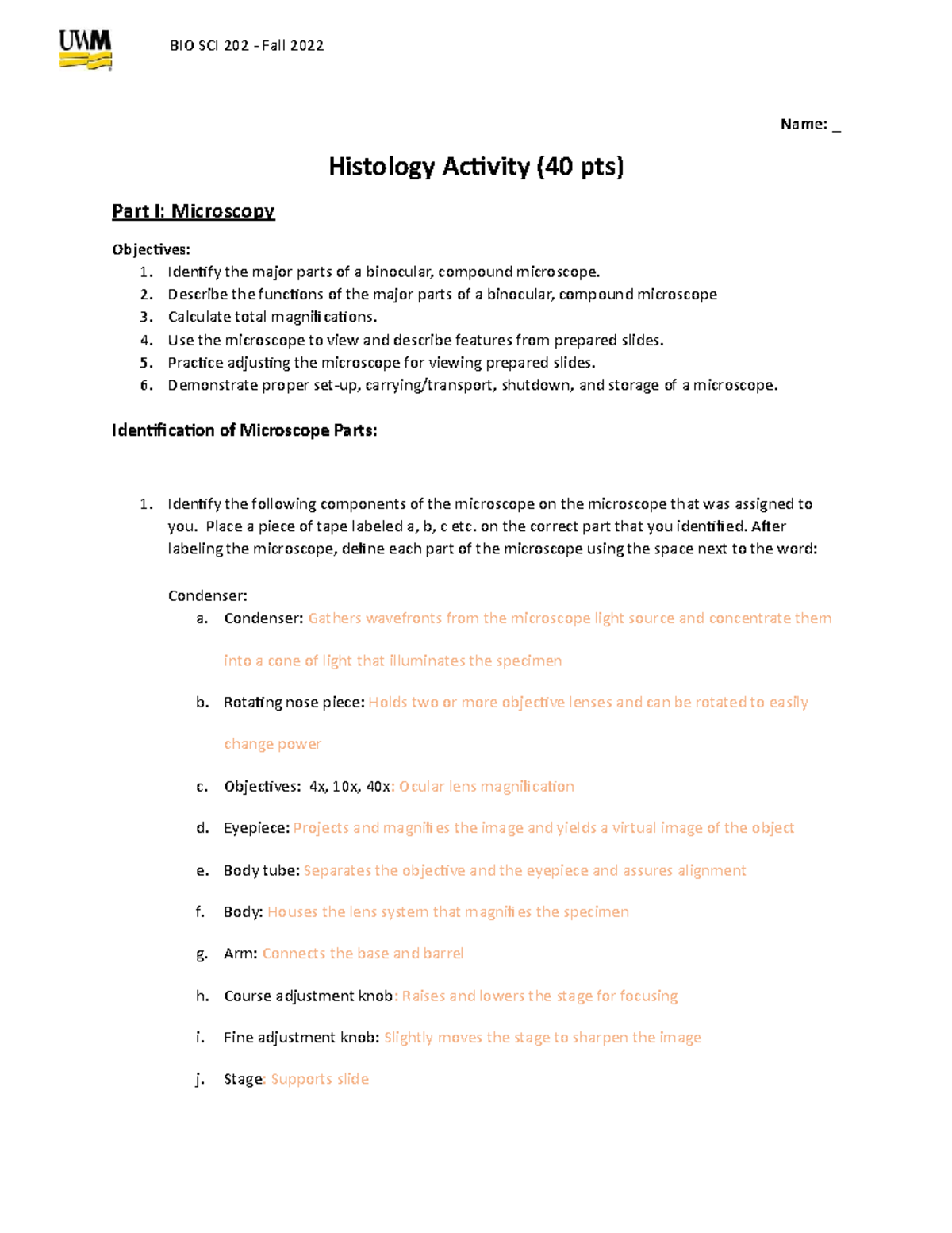 Histology Activity - Fall 2022 - Name: _ Histology Activity (40 pts ...