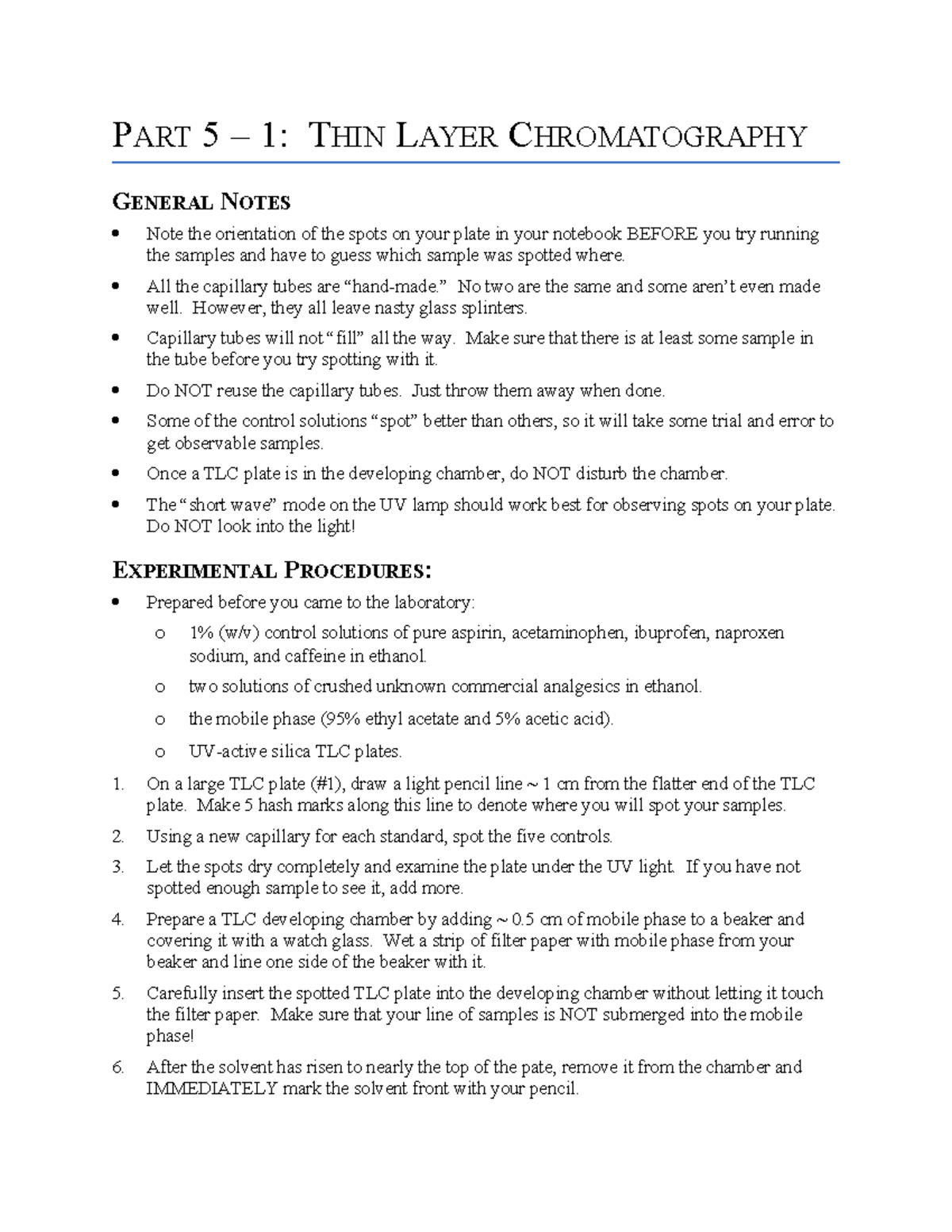 Experiment 5 procedure - PART 5 – 1: THIN LAYER CHROMATOGRAPHY GENERAL ...