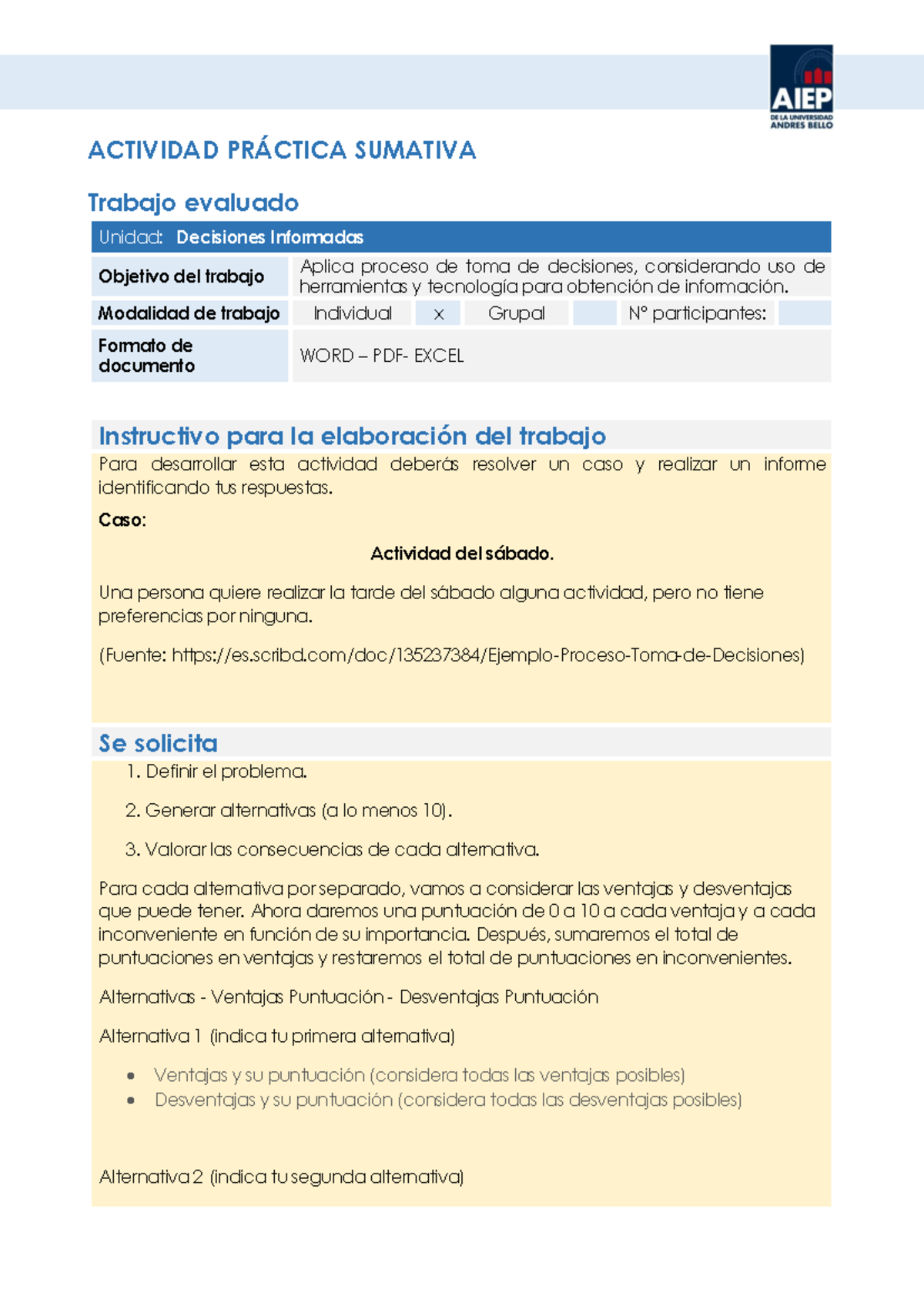 Actividad Practica Sumativa - ACTIVIDAD PRÁCTICA SUMATIVA Trabajo evaluado Unidad: Decisiones ...