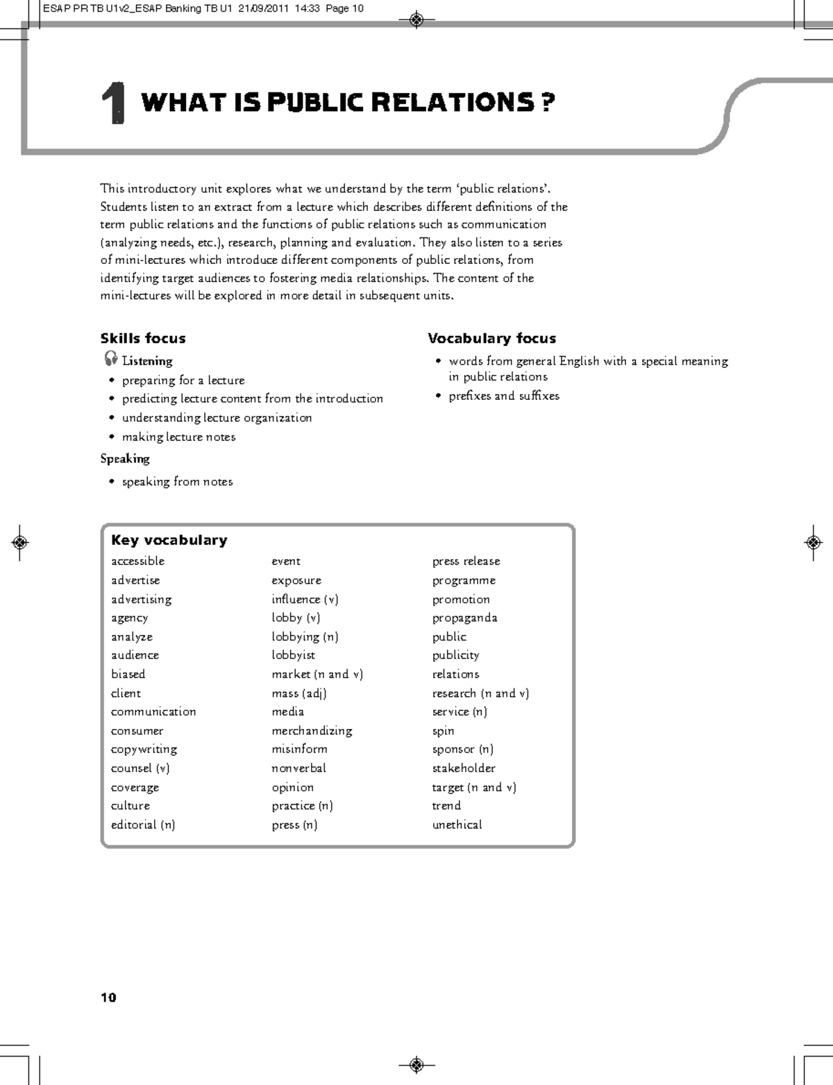 Public Relations TB Unit 1 - 1 WHAT IS PUBLIC RELATIONS? Key vocabulary ...