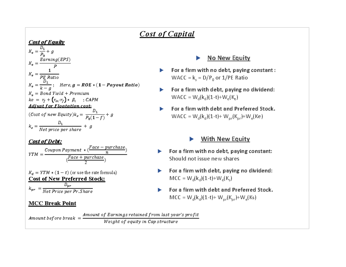 Formula sheet - Cost of Capital Cost of Equity 𝔾𐀀= 𝔷𐀀 𝕃𐀀+𝕔 𝔾𐀀= 𝔸𝕎𝕟𝕛𝕖𝕛𝕔 ...