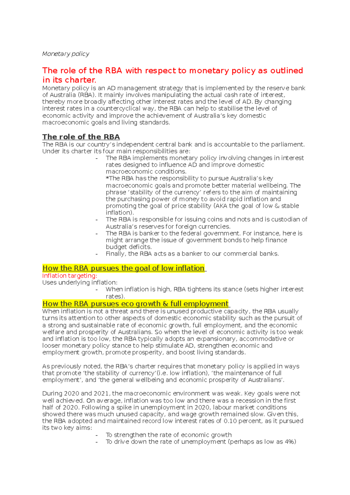 Economics UNIT 4 - Monetary policy The role of the RBA with respect to ...