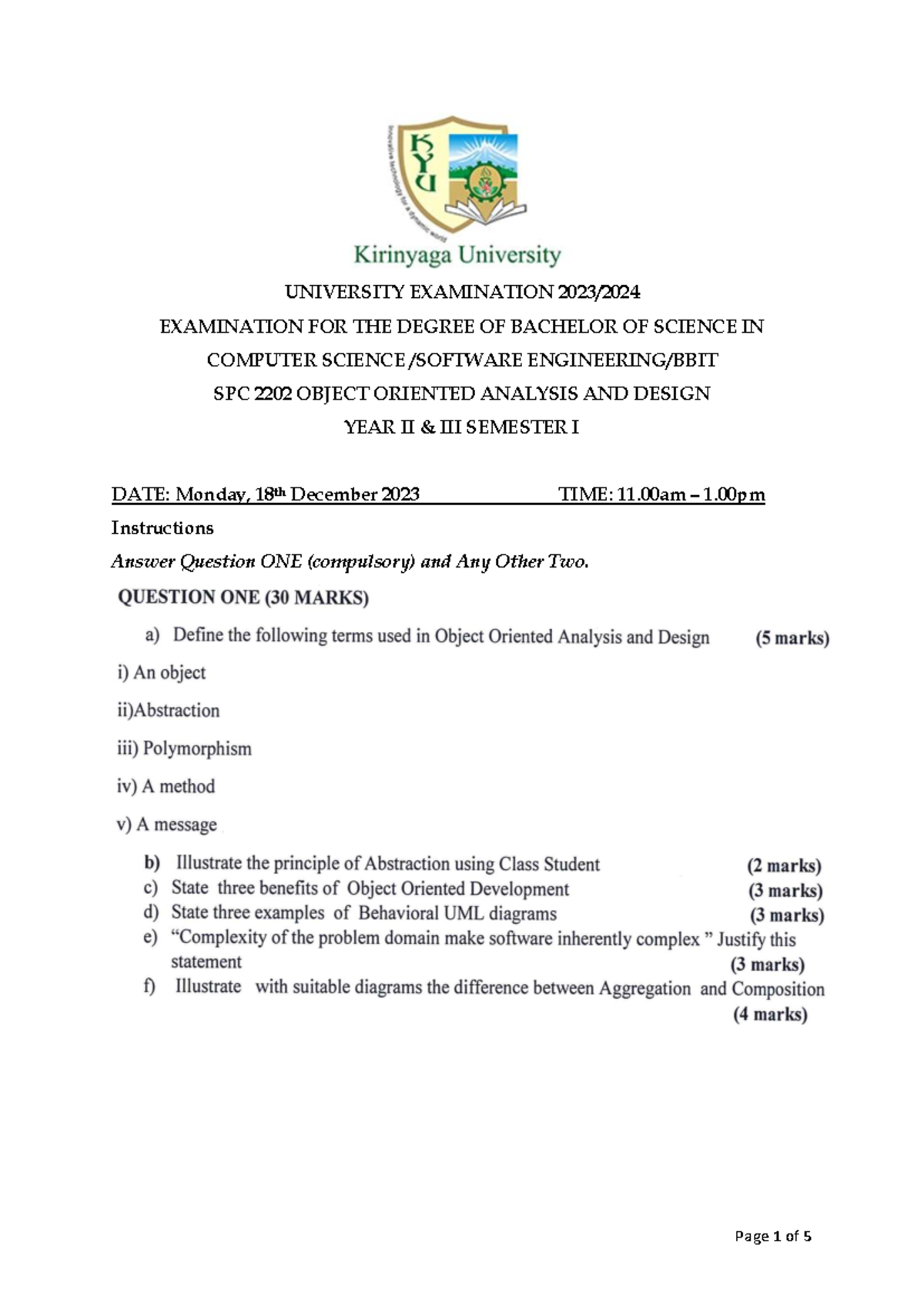 SPC 2202 Object Oriented Analysis AND Design YEAR II & III Semester I ...