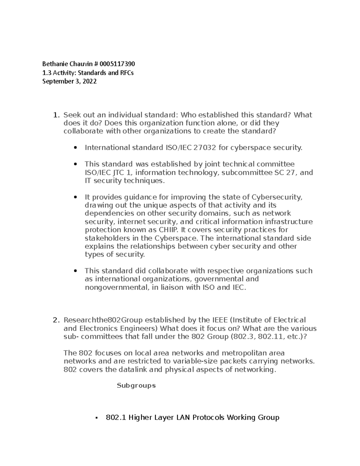 1.3 Activity: Standards and RFCs - Bethanie Chauvin # 0005117390 1 ...