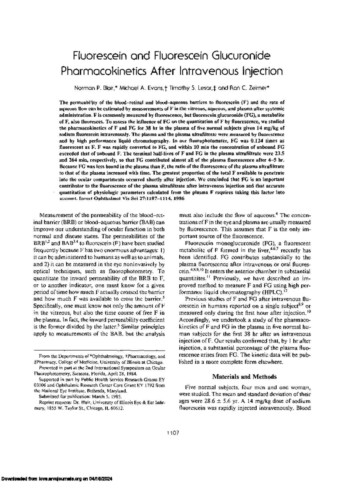 1107 - Fluorescein and Fluorescein Glucuronide Pharmacokinefics After ...