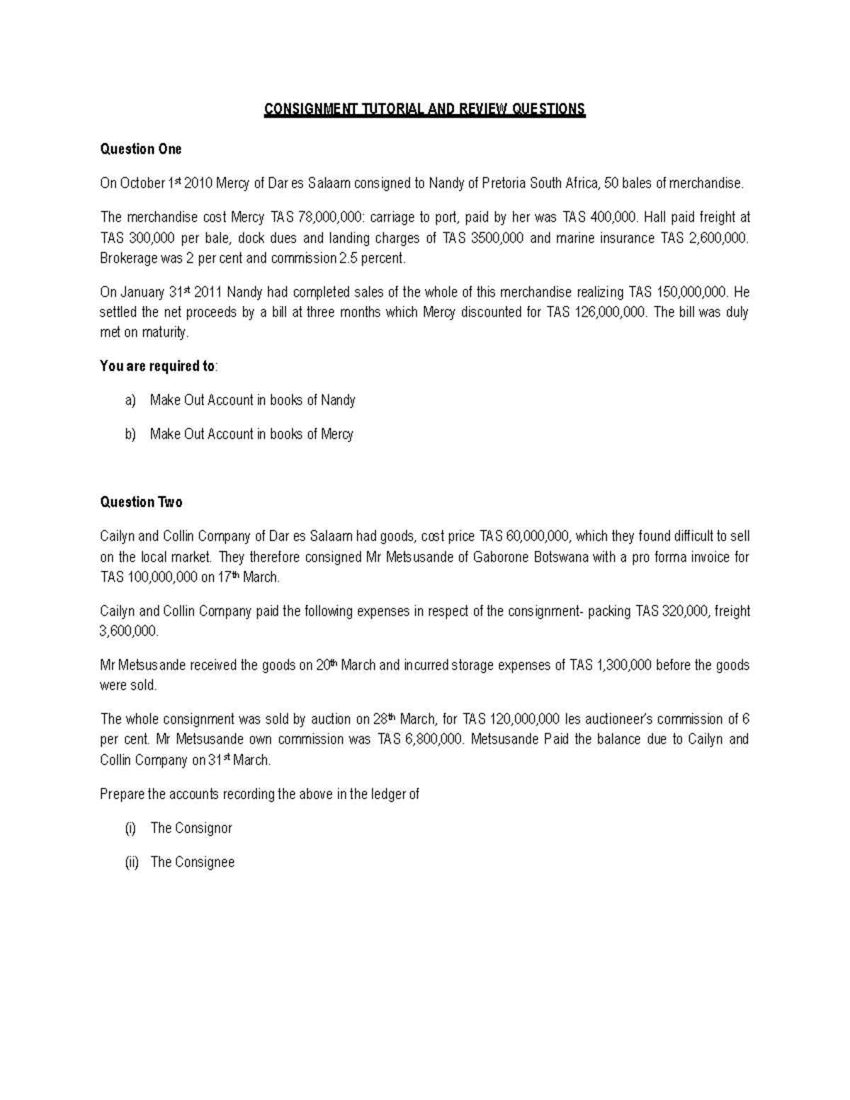 accounting for consignment questions - CONSIGNMENT TUTORIAL AND REVIEW ...