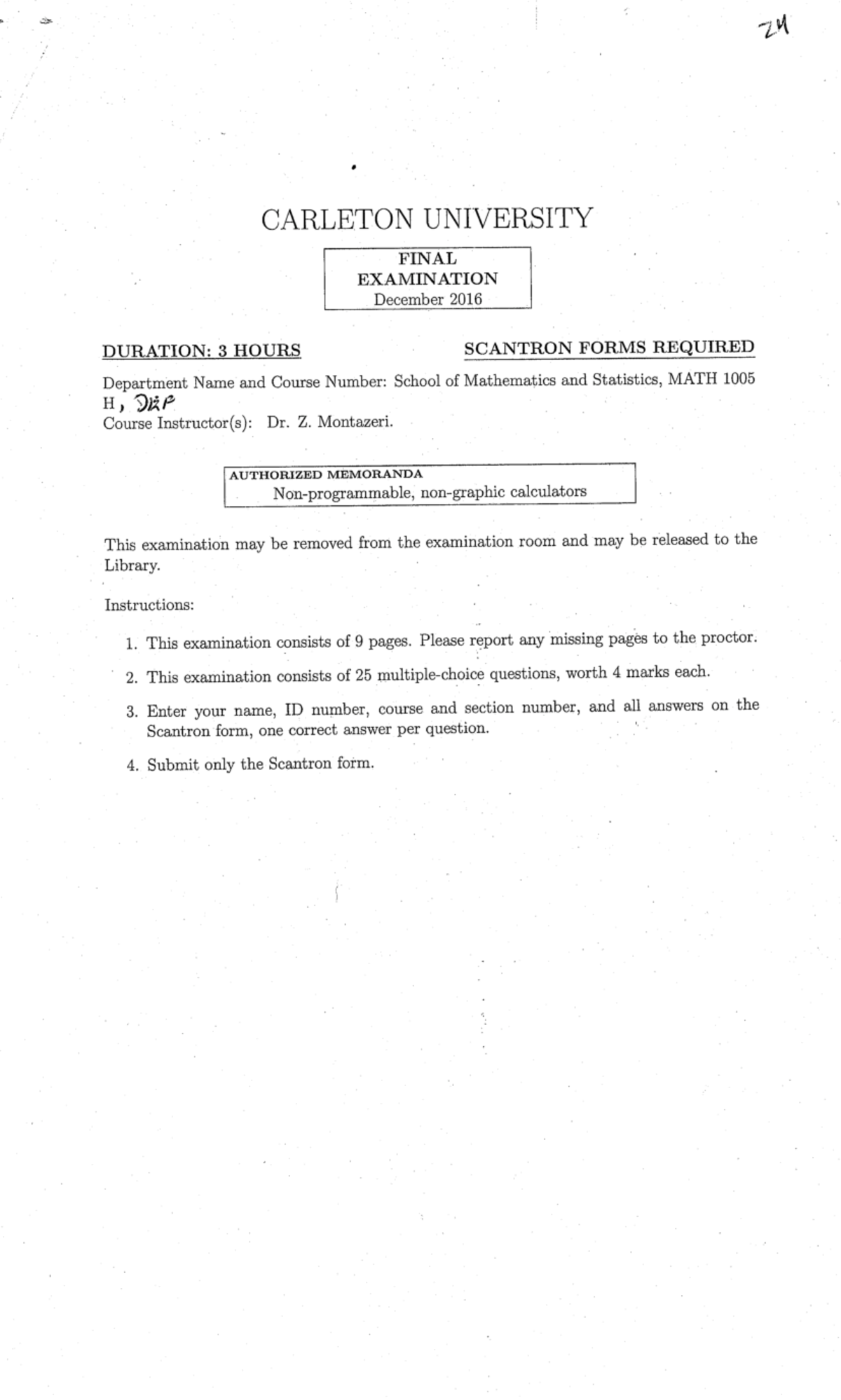 FINAL 8 December 2016, questions and answers - Math 1005 - Studocu