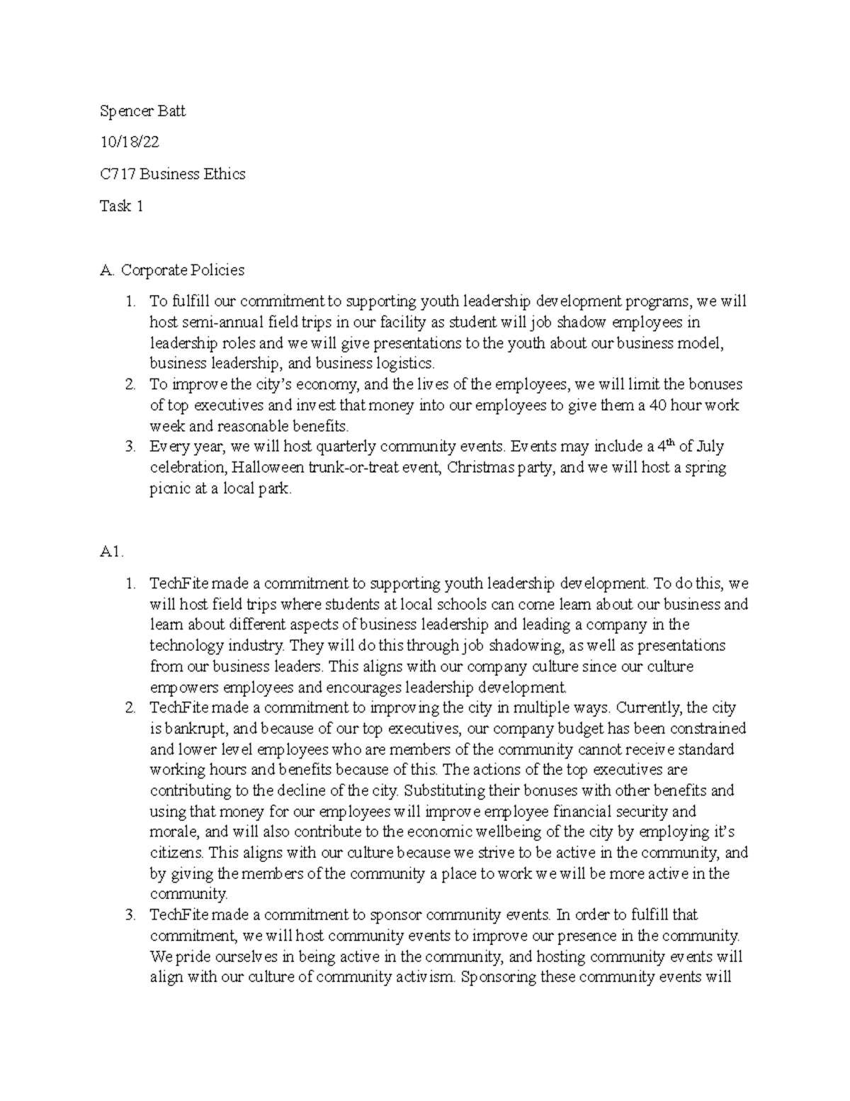 C717 Task 1 - Passed - Spencer Batt 10/18/ C717 Business Ethics Task 1 ...