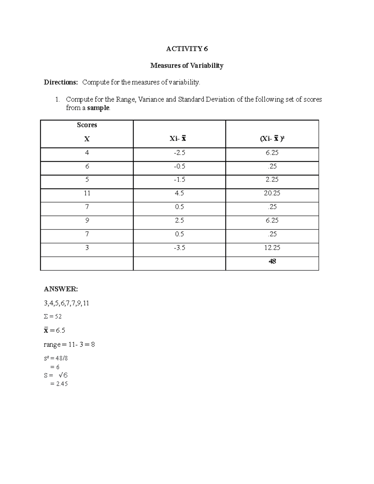 Measure of Variability - ACTIVITY 6 Measures of Variability Directions ...
