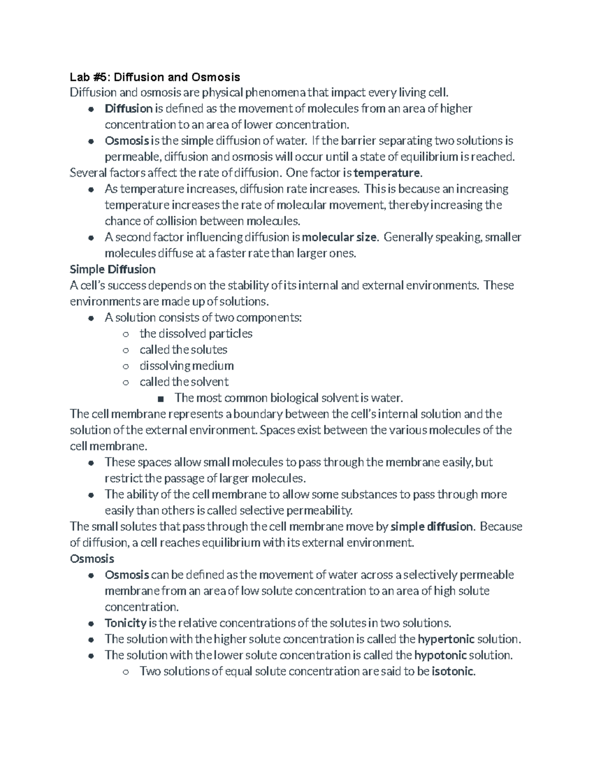 Lab #5 Diffusion and Osmosis - Lab #5: Diffusion and Osmosis Diffusion ...
