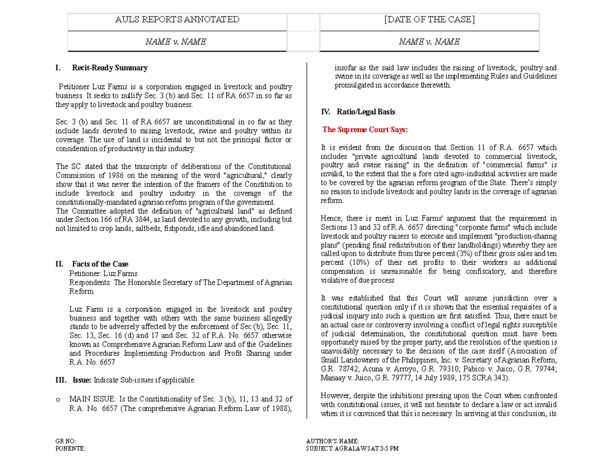 Agra- case-Luz Farm vs. The Hon. Sec. of DAR - AULS REPORTS ANNOTATED ...