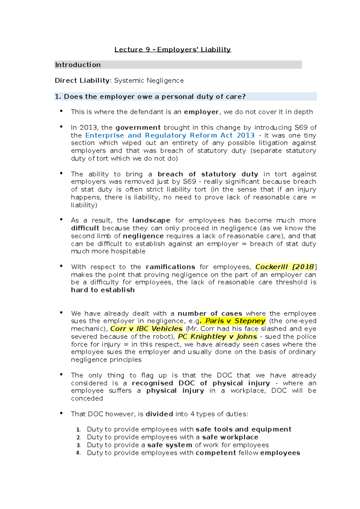 Lecture 9 - Employer's Liability - Lecture 9 - Employers' Liability ...