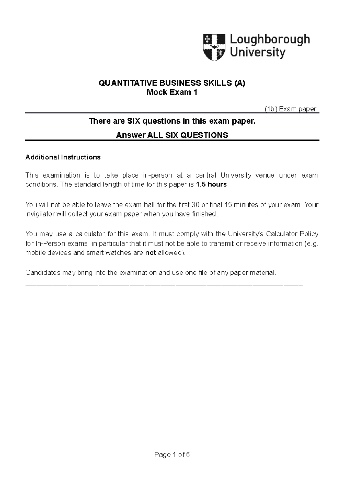 Mock exam 1 - Practice Exam Paper - QUANTITATIVE BUSINESS SKILLS (A ...