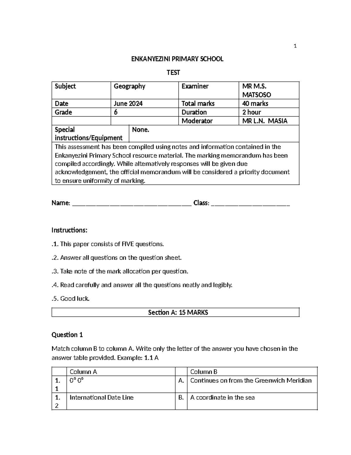 Social Sciences Geography June question paper - 1 ENKANYEZINI PRIMARY ...