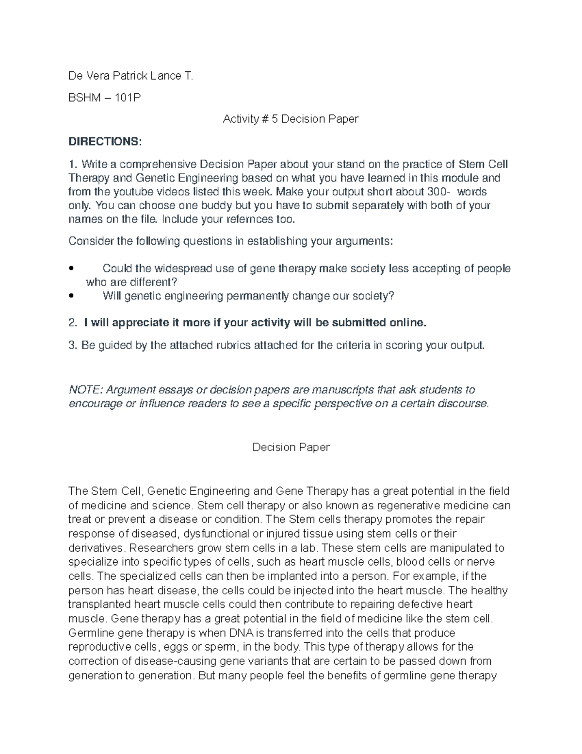 De Vera Patrick Lance T Activity 5 Decision Paper - De Vera Patrick ...