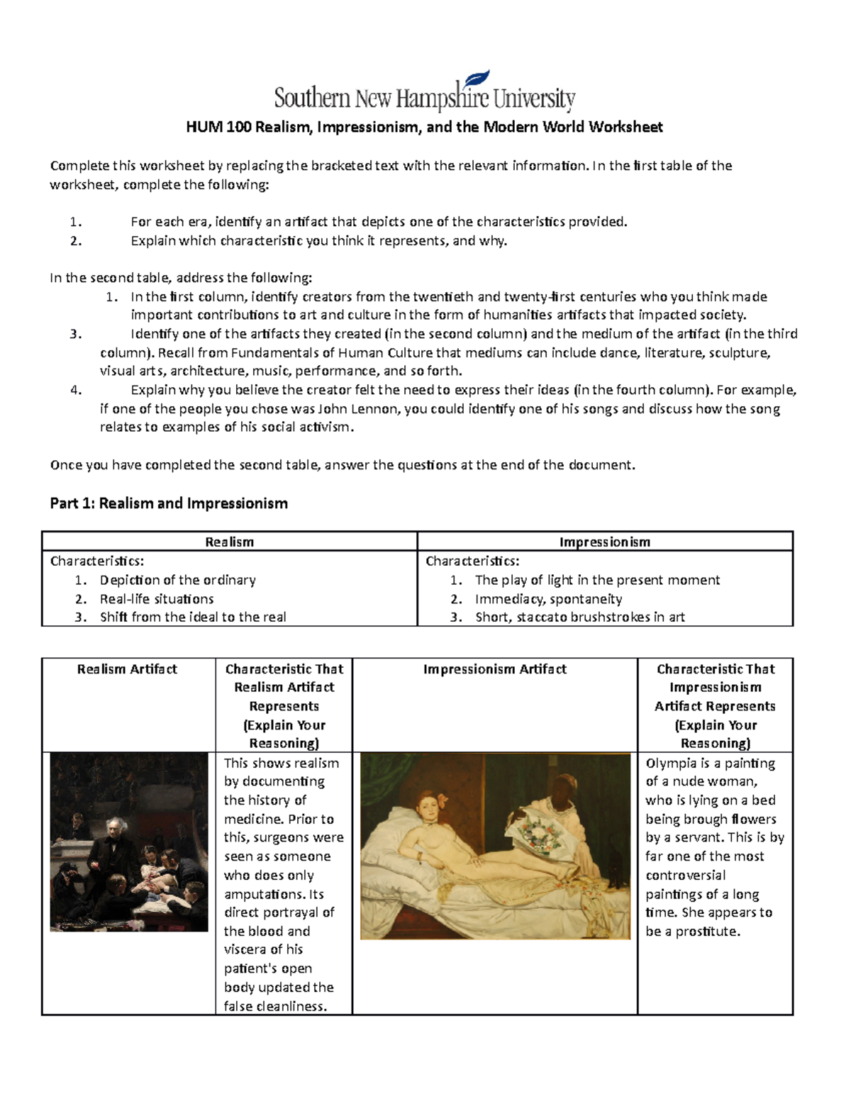 HUM 100 Realism Impressionism and the Modern World Worksheet - In the ...