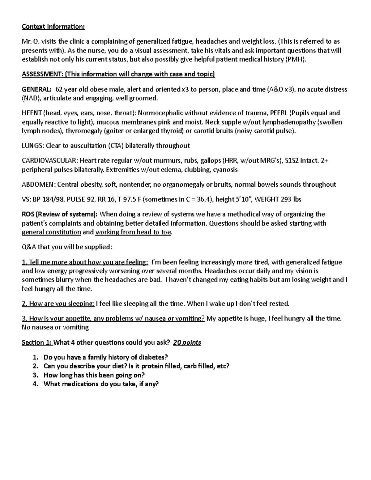 Practice case study - Fall 2019 - Context Information: Mr. O. visits ...