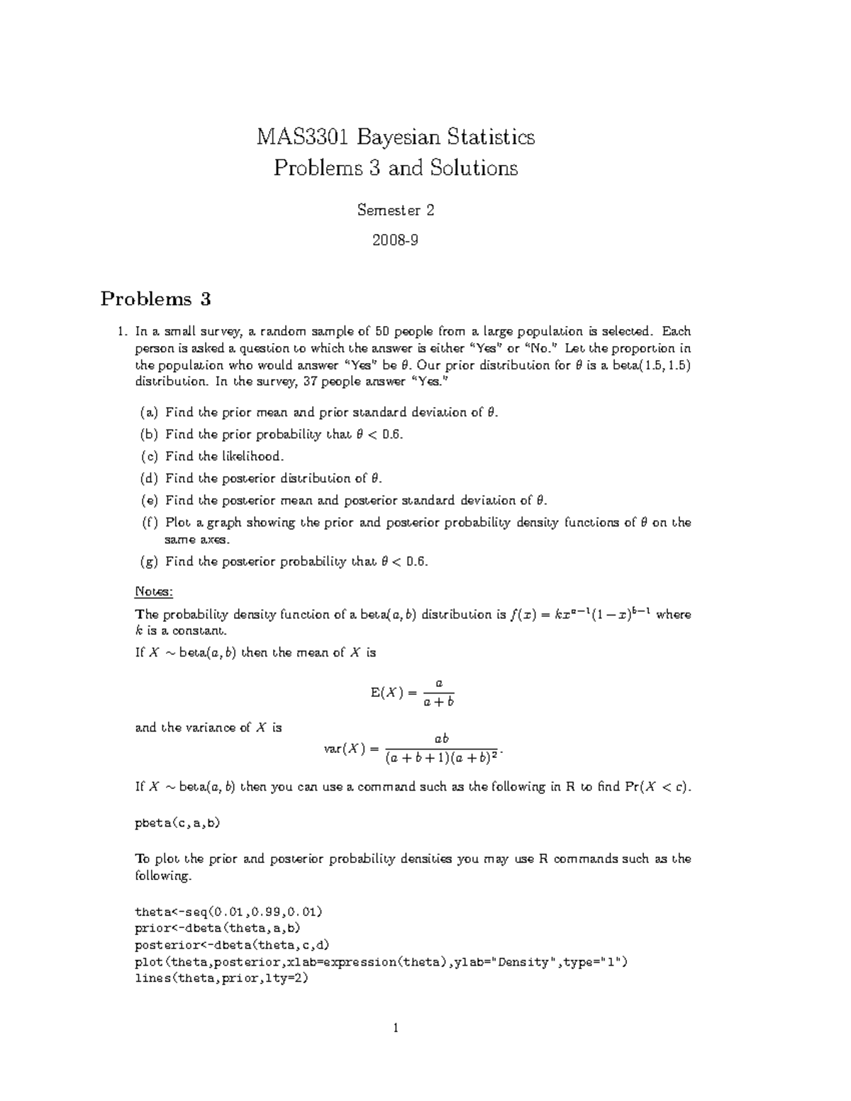 Solutions 309 - MAS3301 Bayesian Statistics Problems 3 and Solutions ...
