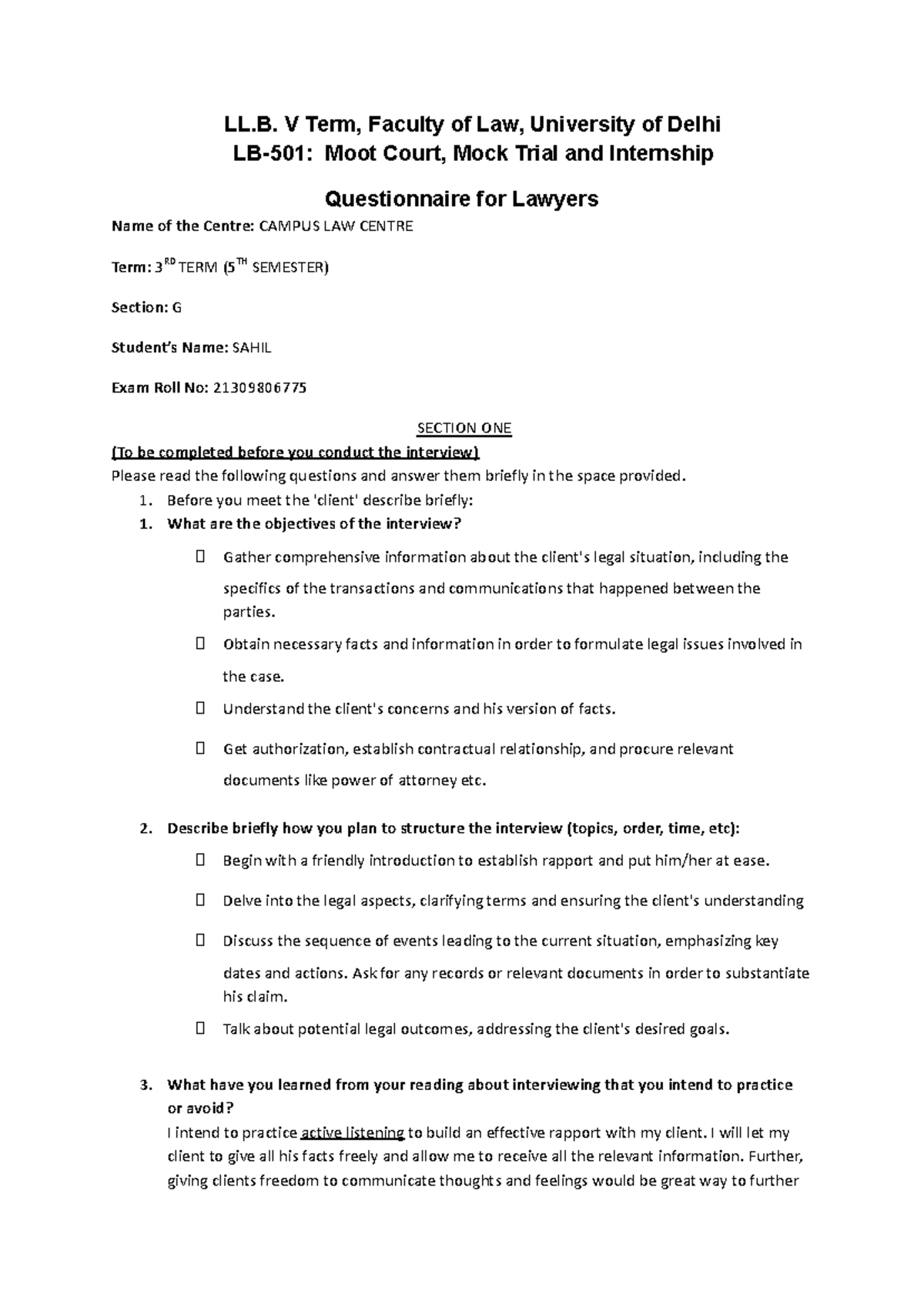 Arussss 21309806775 client counselling form-2 - LL. V Term, Faculty of ...