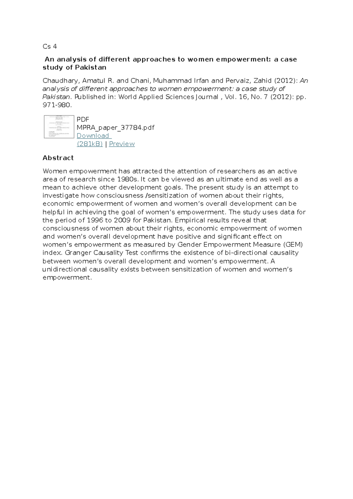 Cs4 - assignment - Cs 4 An analysis of different approaches to women ...