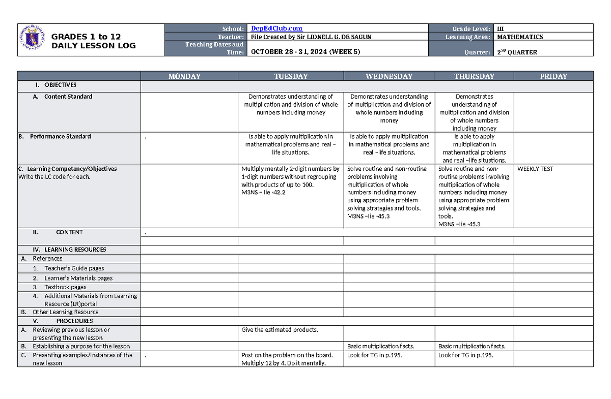 DLL Mathematics 3 Q2 W5 - quarter 2edu - GRADES 1 to 12 DAILY LESSON LOG School: DepEdClub Grade ...