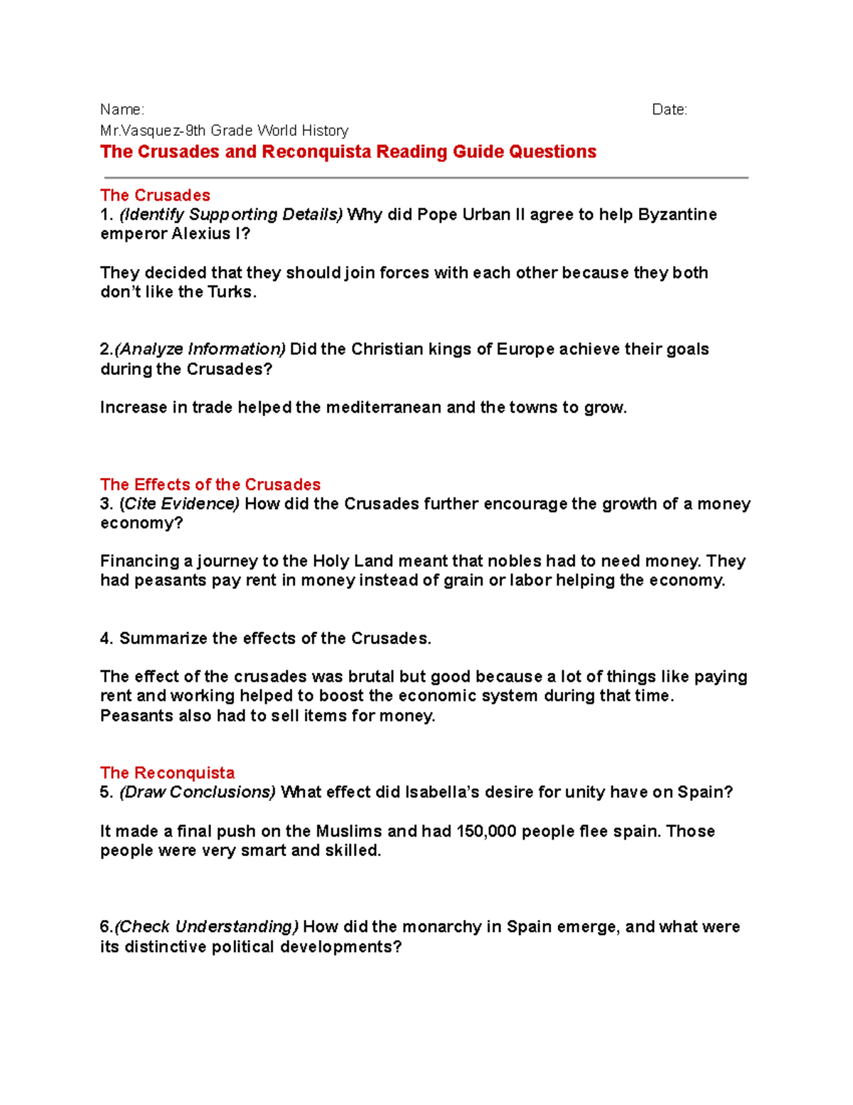 Gavrielle Alexander - The Crusades and Reconquista Reading Guide ...