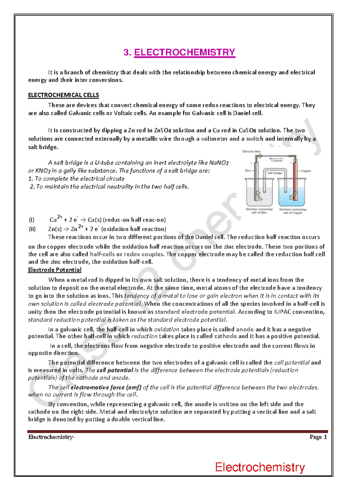 Electrochemistry Class 12 Chemistry - 3. ELECTROCHEMISTRY It is a ...
