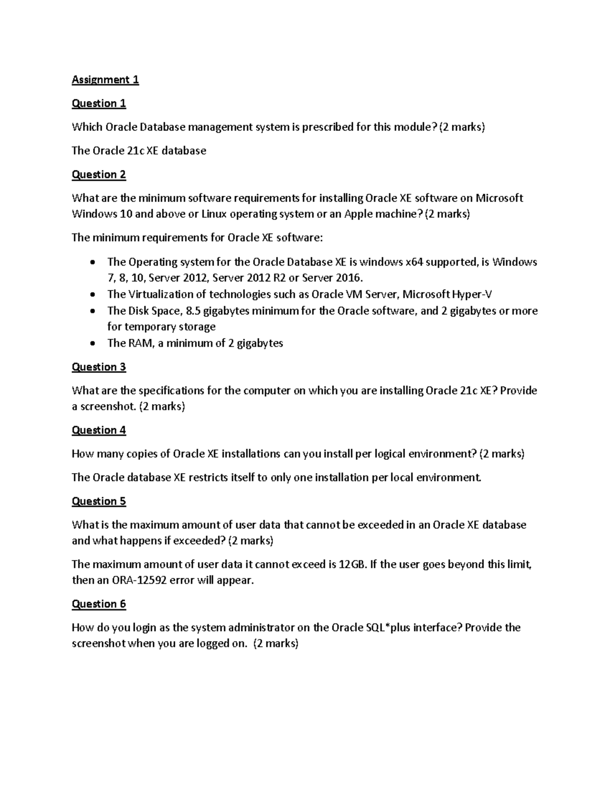 INF3707 Assignment 1 - Assignment 1 Question 1 Which Oracle Database management system is ...